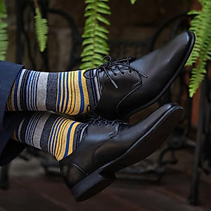 Pierre Henry Over the Calf Mens Dress Socks (9 Pairs) | Cotton Made, Long Socks, Wide Socks | Light Compression Socks for Men in Elegant Striped Patterns | Big and Tall Size (US Mens Shoe 12-16)