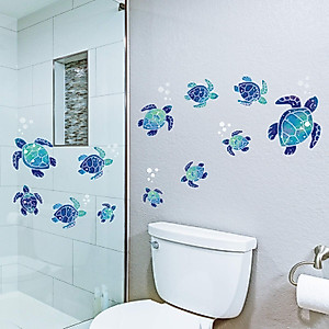 12 Pcs Sea Turtle Wall Decals Ocean Turtle Vinyl Stickers Underwater Bathroom Decals Waterproof Wall Sticker Decoration for Home Office Nursery Room Toilet (Blue)