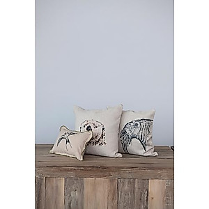 Creative Co-Op 14 Inches Cotton Chambray Printed Lumbar Bird, Embroidery, Patterned Back and Scalloped Edge, Multicolored Pillow, Natural