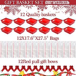 Kolewo4ever 36Pcs 12 Pack Christmas Basket Gift Set 8x10'' Gifts Baskets for Gifts Empty to Fill with Basket Empty, Basket Bags, Red Pull Bows for Christmas Holiday (Red and Black Plaid)