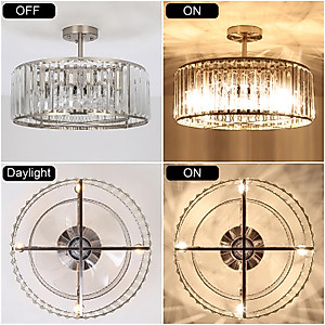 Luupyia Crystal Caged Brush Nickel Ceiling Fan with Light 18In, 6 Speed Reversible, 4Lights Crystal Fandelier Ceiling Fan with Light and Remote Silver Fandelier Low Profile 7 Bladeless E12