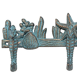 Stonebriar Decorative Cast Iron Seahorse Wall Hook Row, 11.2”, Turquoise
