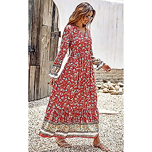 PRETTYGARDEN Women's Long Sleeve Floral Dress - V-Neck Casual Boho Fall Long Maxi Dresses for Wedding Guest (Red,Medium)