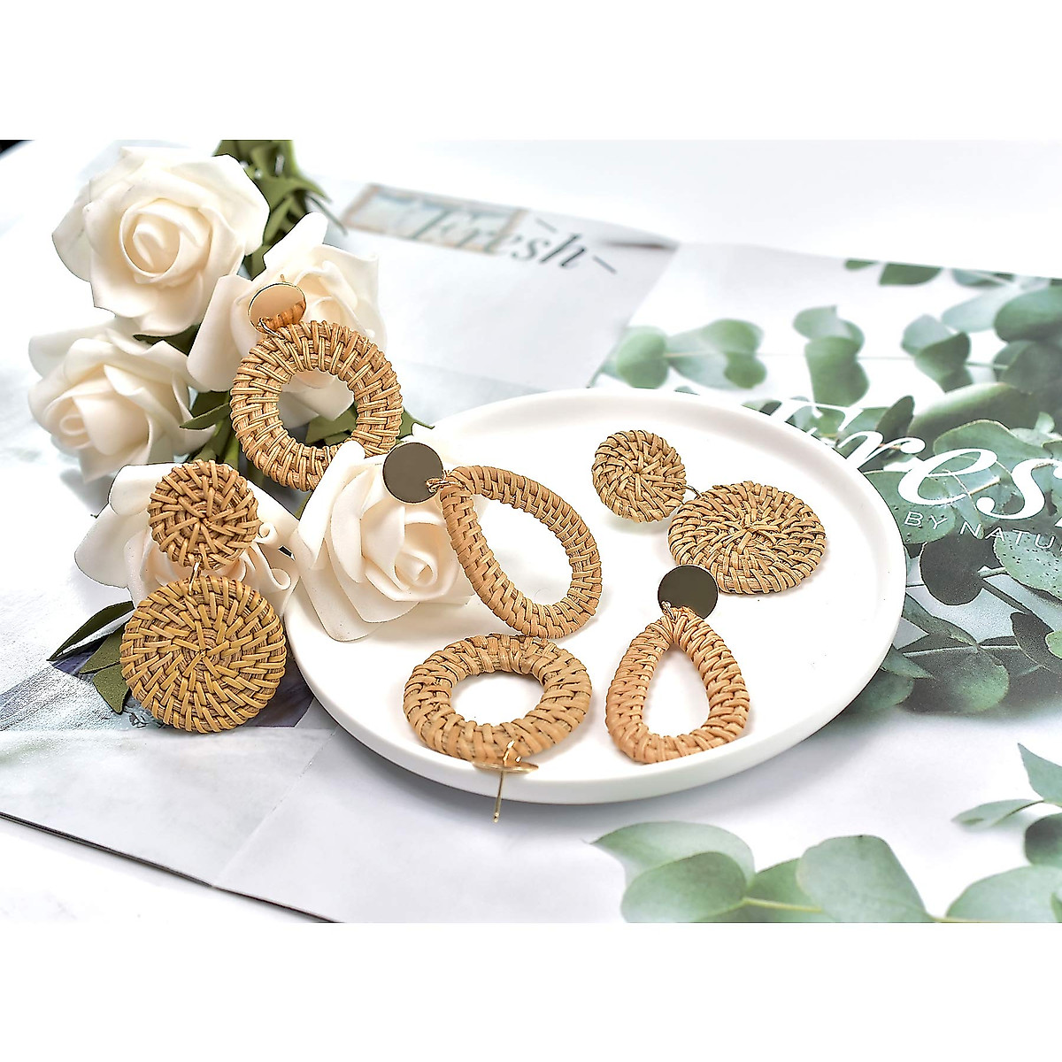 Rattan Earrings for Women Handmade Straw Wicker Braid Drop Dangle Earrings Lightweight Geometric Statement Earrings (3 Pairs Set)