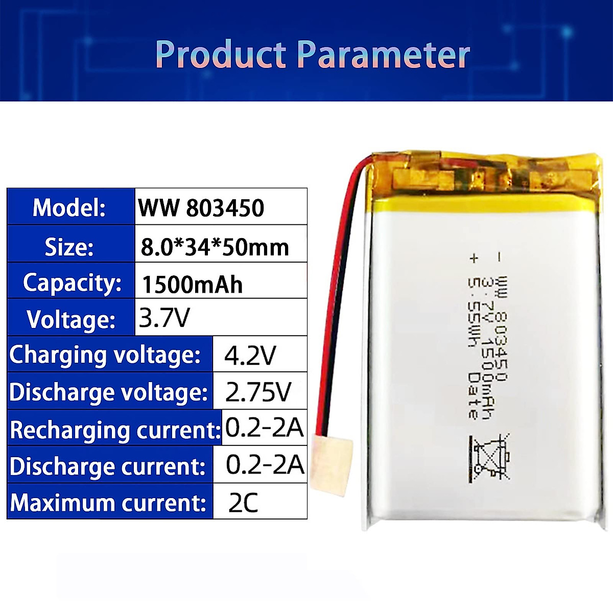 FREEDOH 3.7V 1500mAh Polymer Lithium Battery 803450 Rechargeable Lithium Polymer ion Battery Spare Battery Pack (2pcs)