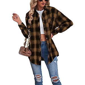 Bozanly Button Down Mid Long Plaid Flannel Shirts for Women Lapel Long Sleeve Loose Check Jacket Shacket(0635-Brown-M)