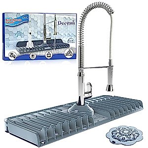 Kitchen Sink Splash Guard 17.56“ Longer, Splash Guard for Sink, Kitchen Faucet Splash Guard, Fully Wrapped, Silicone Faucet Handle Drip Catcher Tray, Sink Protectors Faucet Mat for Kitchen Bathroom