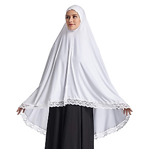 khalat Women's Elegant Hijab Lace Trim Muslim Islamic Ramadan Soft Lightweight Hijab Long Scarf White