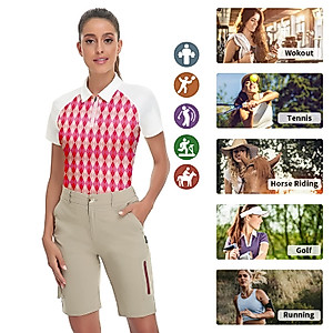 Women's Plaid Golf Polo Shirts Short Sleeve Moisture Wicking Golf Apparel Lady Argyle Golf Tops (Pink Argyle, Large)