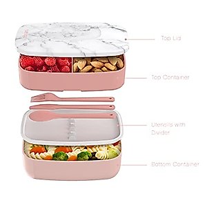 Bentgo Classic - All-in-One Stackable Bento Lunch Box Container - Modern Bento-Style Design Includes 2 Stackable Containers, Built-in Plastic Utensil Set, and Nylon Sealing Strap (Blush Marble)