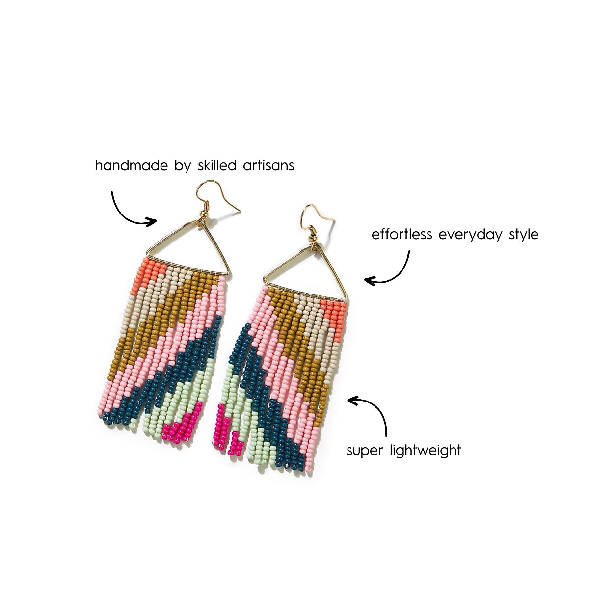 INK+ALLOY Beaded Boho Earrings for Women, Whitney Medium Fringe Dangle Statement Earrings, Handmade Jewelry for the Modern Bohemian, 3.25-Inch Length (Rainbow Diagonal Stripes)