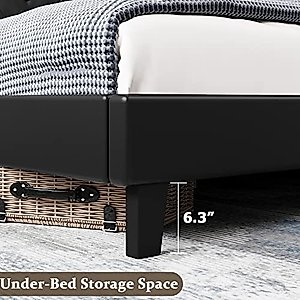 Homhougo Full Size Bed Frame with Adjustable Headboard, Upholstered Platform Bed with Button Tufted Faux Leather Headboard, Wood Slat Support, Noise-Free, No Box Spring Needed, Easy Assembly, Black