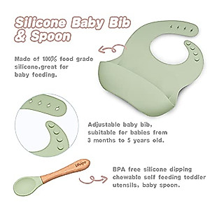 Baby Feeding Set, BPA free, Food Grade Silicone Dinner Plate and Cutlery Set, Learn To Eat on Your Own, Set Includes Suction Cup Bowl, Spoon, Bib and Cup (Fruit Green)