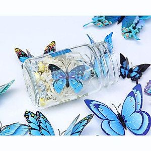 Somotersea 24Pcs 3D Butterfly Wall Decor Removable Butterfly Decoration for Girls Room Butterflies Decals Birthday Party Decorations Kids Bedroom Butterfly Stickers Magnets Blue