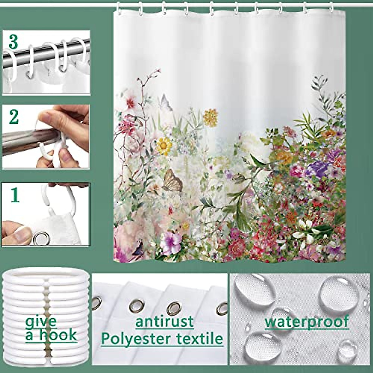 Niidder Shower Curtain, Fabric Shower Curtain Colored Flowers Shower Curtain - 72" W x 72" L with 12 Hooks for Home Hotels Shower Curtains for Bathroom, Waterproof Shower Curtain Liners