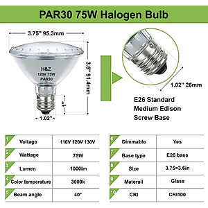 H&Z Par30 Short Neck, 6 Pack High Output Par30s Halogen 75W 120V, Par30 Dimmable Warm White 3000K, 75W Par30 Flood Light with E26 Medium Base for Recessed Trim Lighting, Track Light