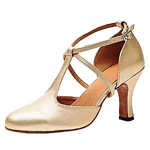 HROYL Character Dance Shoes for Women T-Strap Modern Latin Salsa Tango Shoes Ballroom Dance Heels,YCL272-Gold-8.5,US6.5