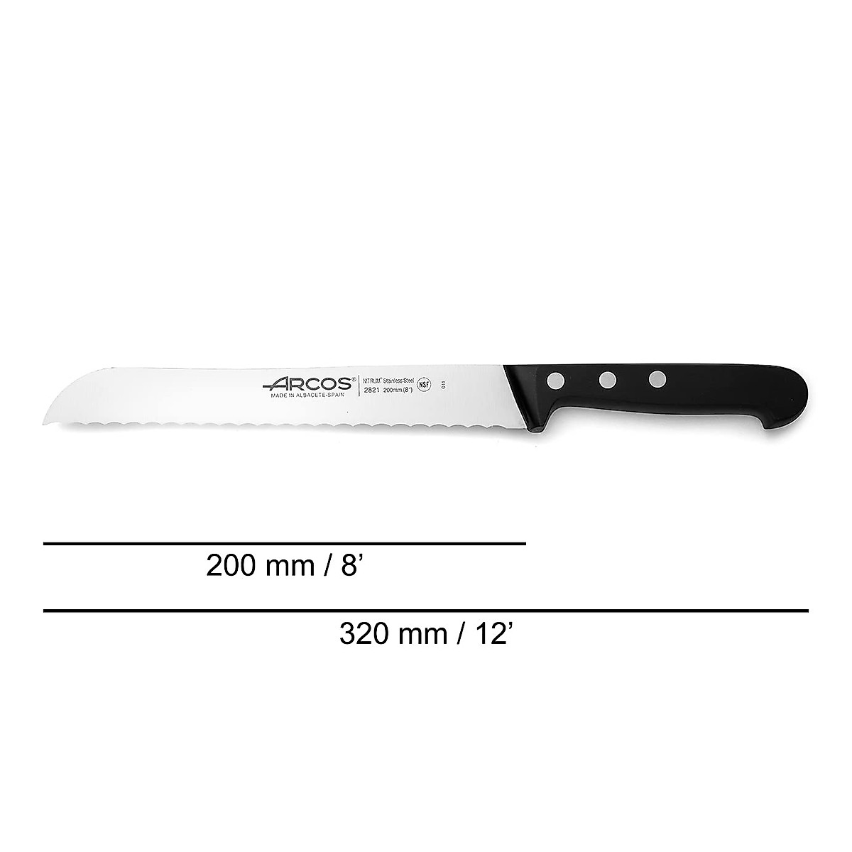 ARCOS Bread Knife 8 Inch Stainless Steel. Kitchen Serrated Knife with Ergonomic Polyoxymethylene Handle and 240mm Blade. Series Universal. Color Black