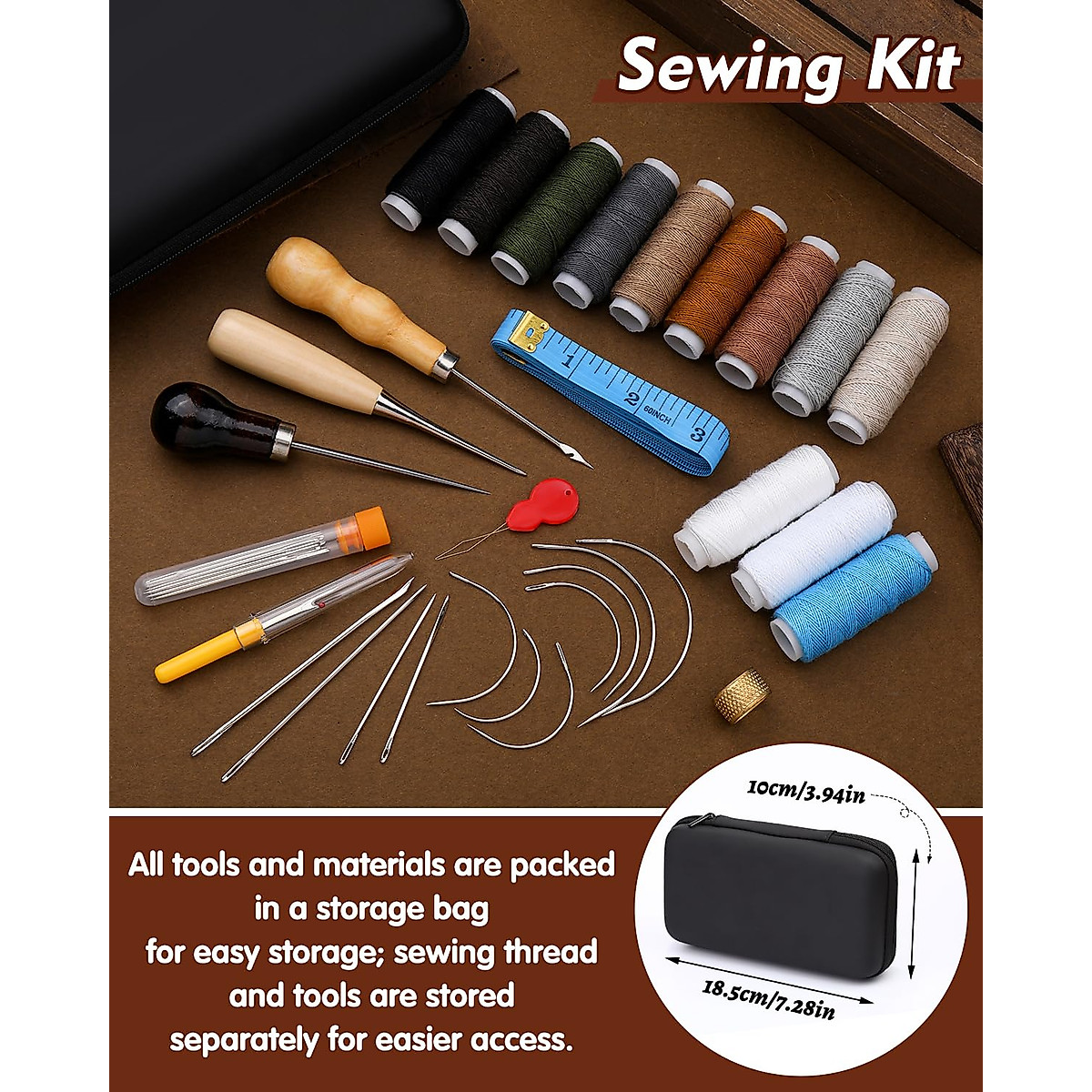 BAGERLA Upholstery Repair Kit, 48pcs Leather Sewing Kit with Upholstery Thread, Sewing Awl, Seam Ripper, Needles, Thimble Leather Stitching Kit for Carseat Carpet Shoes Backpack Repair DIY Crafting