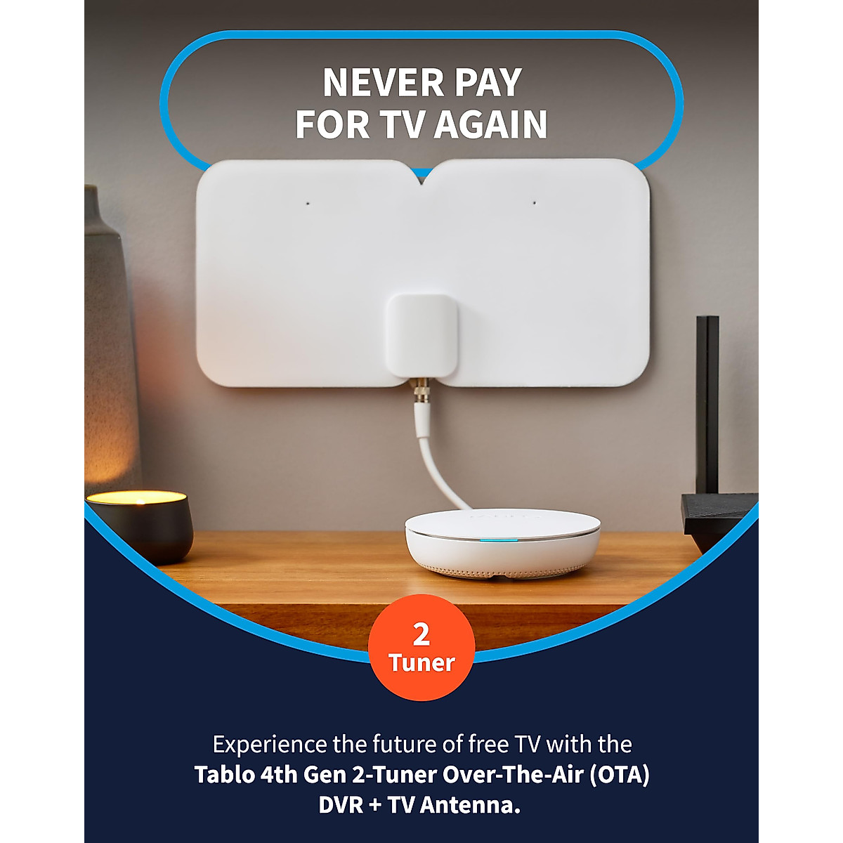 Tablo 4th Gen 2-Tuner Over-The-Air (OTA) DVR + 35-Mile Indoor TV Antenna - Watch, Pause & Record Live TV, News, Sports & Movies Throughout Your Home Over Wi-Fi - 50+ Hrs Recording - No Subscriptions