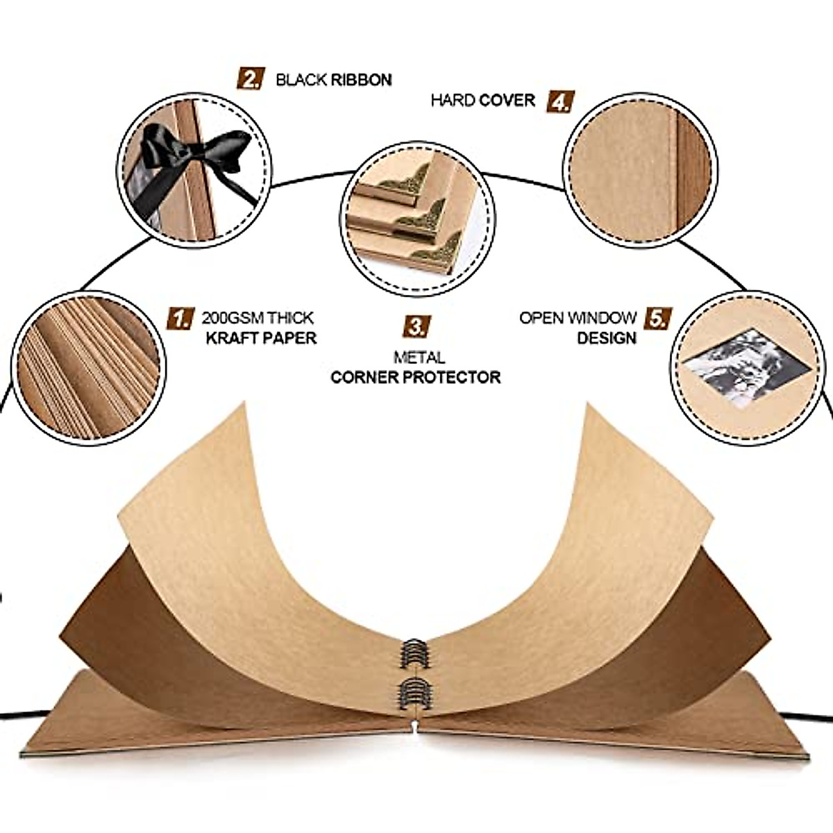 Scrapbook Photo Album (8 x 8 inch) - 60 Pages Photo Scrap Memory Book - Thick Kraft Paper Scrapbooking & Stamping Supplies with Corner Protectors, Ribbon Closure Suitable for Wedding,Travel,Graduation