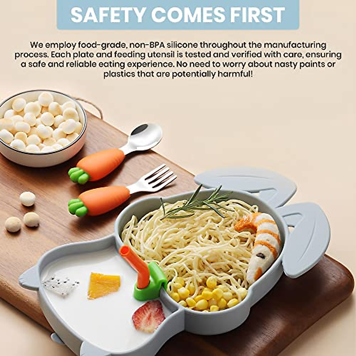 EMGATE Silicone Baby Feeding Set Includes Toddler Plates, Toddler Forks and Spoons –Premium 5-Piece Toddler Feeding Supplies – Non-BPA Bunny Plates with Straw, Brush – Cute Packaging (Blue)