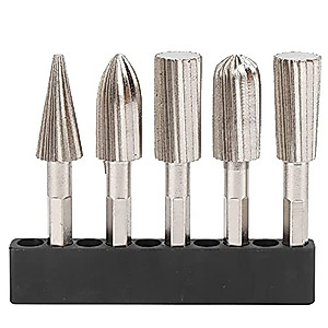 Wisoqu 5Pcs Rotary File Cutting Burrs,14in Hex Shank Double Cut Metal Grinder Drill Bit Set High Speed Steel Rotary File Set,for Carving Polishing
