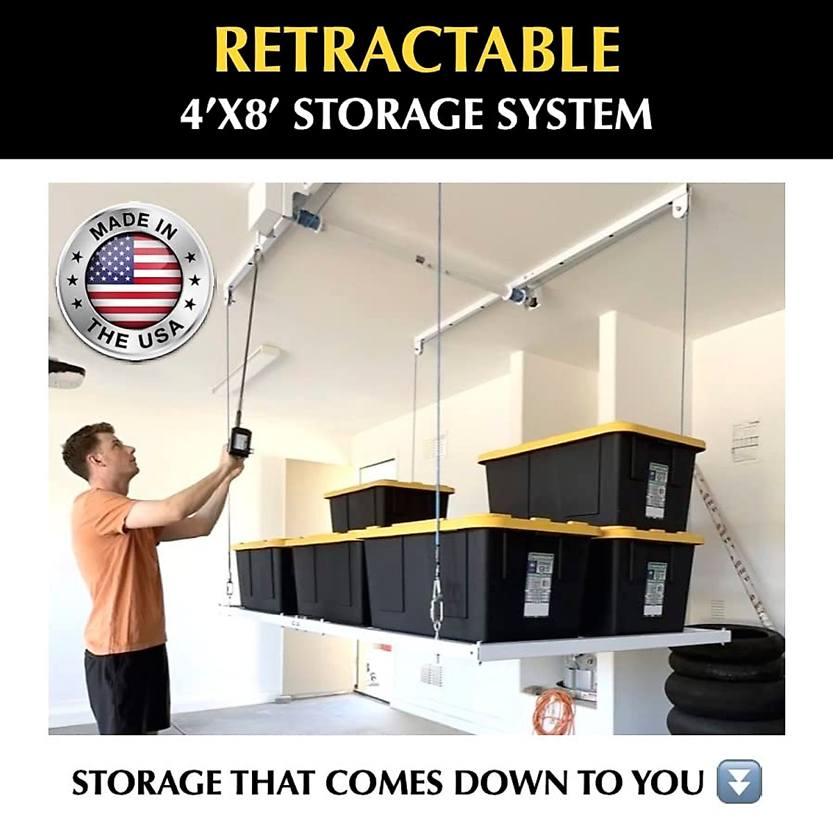E-Z Garage Storage Syzzor Loft Retractable Overhead Garage Storage Rack - Ceiling-Mounted Lift, Stores 20+ Totes - 800lbs Load Capacity, 4 ft. x 7 ft.