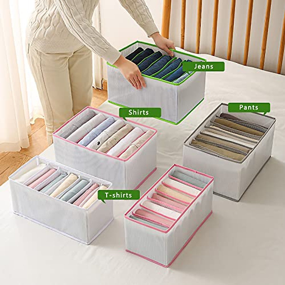 EIIXMSO Wardrobe Clothes Organizer and Storage with Support Board - 2 Pcs of 7 Grids , Large Foldable Closet Drawer Storage Boxes for Jeans T-shirt Pants Legging (Green)