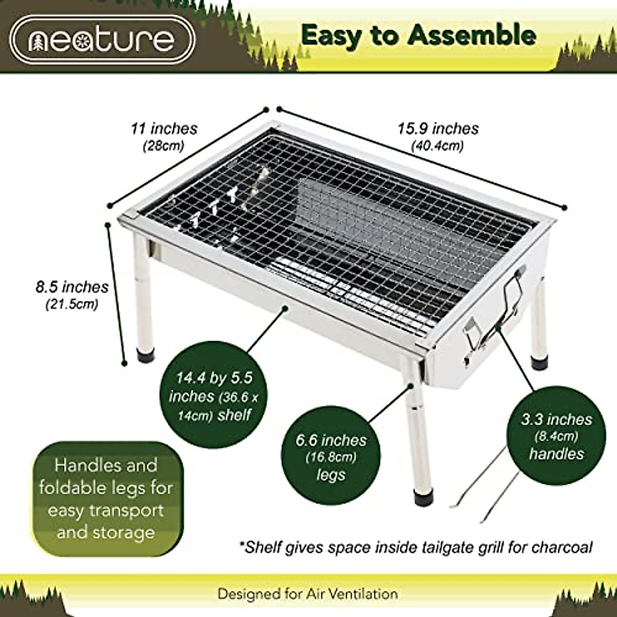 Neature Portable Charcoal Grill for Camping - 8.5in Tall BBQ Grill with Charcoal Fuel for Campsite or Backyard