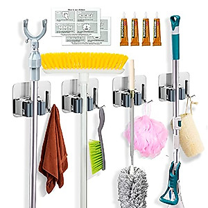 ATTEASAY 4 PCS Broom Holder, broom bracket mop bracket, Broom Gripper Holds Self Adhesive Broom and Dustpan Hanger for Home, Kitchen, Garden, Garage Storage Systems