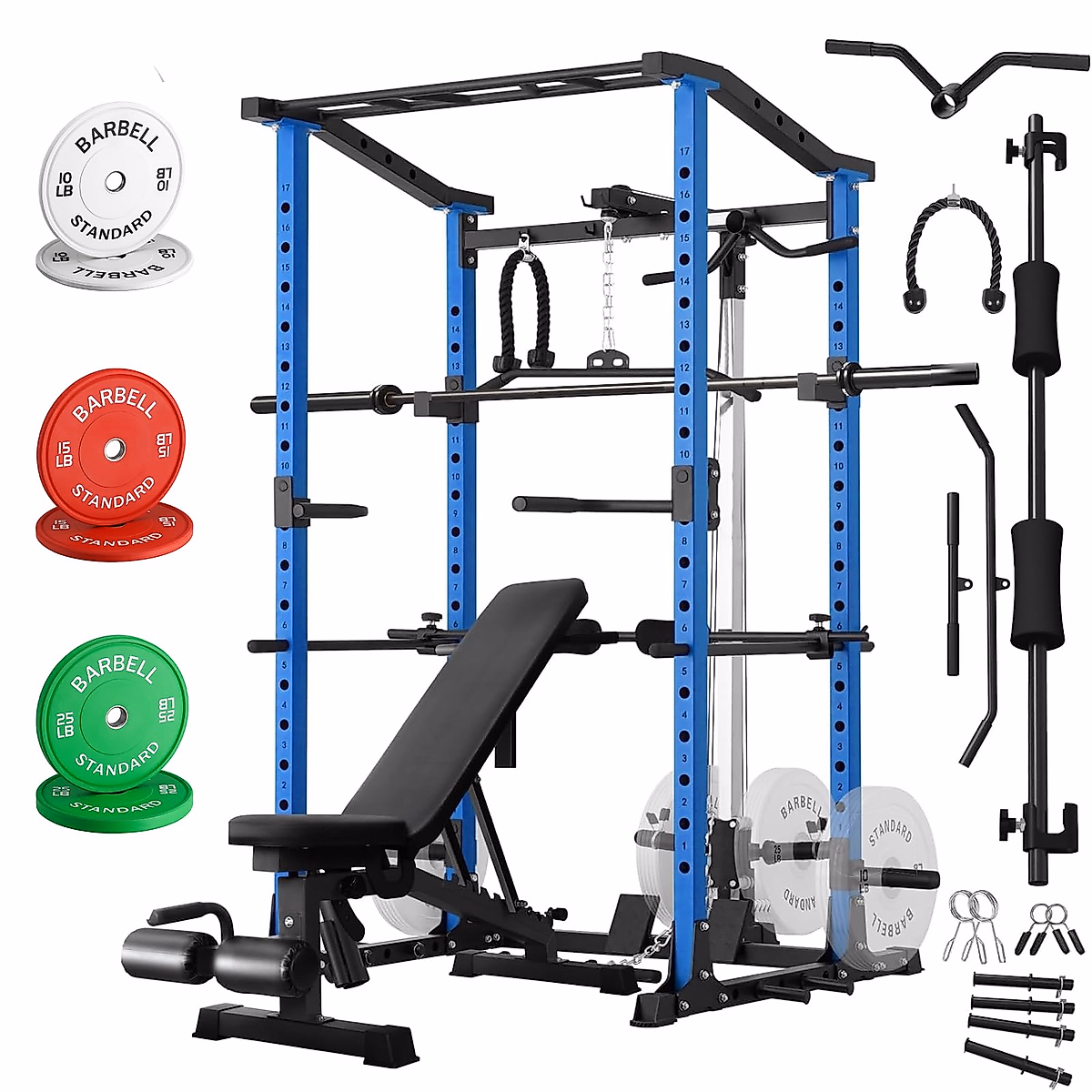 ER KANG Power Cage, 1200LBS Power Rack with LAT Pulldown, Multi-Function Squat Cage with Olympic Plates&Barbell, Weight Cage for Home Gym with Training Attachment, Blue