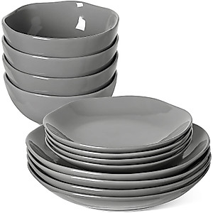 LE TAUCI Dinnerware Sets 12 Piece, Serve for 4, Ceramic Plates and Bowls Set (10" Dinner Plates + 8" Salad Dish + 22 oz Bowl) x 4, Suit For House Warming Wedding, Dishwasher Microwave Oven safe - Grey