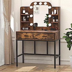 Betterhood Vintage Makeup Vanity Desk with Mirror and Lights, Modern Vanity Table with 2 Big Drawers and 9 Open Storage Shelves, Makeup Table for Bedroom, 6500K True-Daylight LED Lights, Rustic Brown