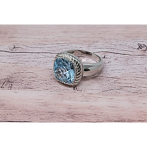 KOKAV 925 Sterling Silver Genuine Blue Topaz Checkerboard Cut 12mm Cocktail Ring. Size 7