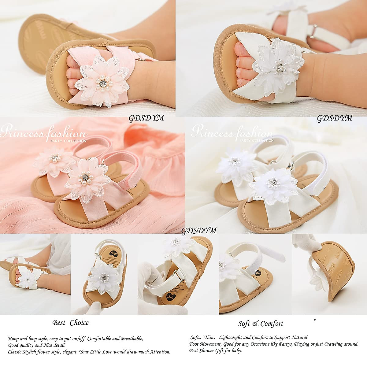 GDSDYM Infant Baby Girls Summer Sandals with Flowers Soft Sole Newborn Princess First Walker Crib Wedding Dress Shoes