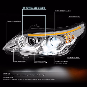 DNA MOTORING HL-3D-AFS-E6008-CH Pair of LED U-Halo Projector Headlights Compatible with BMW 528i 535i 550i M5 08-10 Not Fit Hatchback Model, Chrome Housing Clear Lens