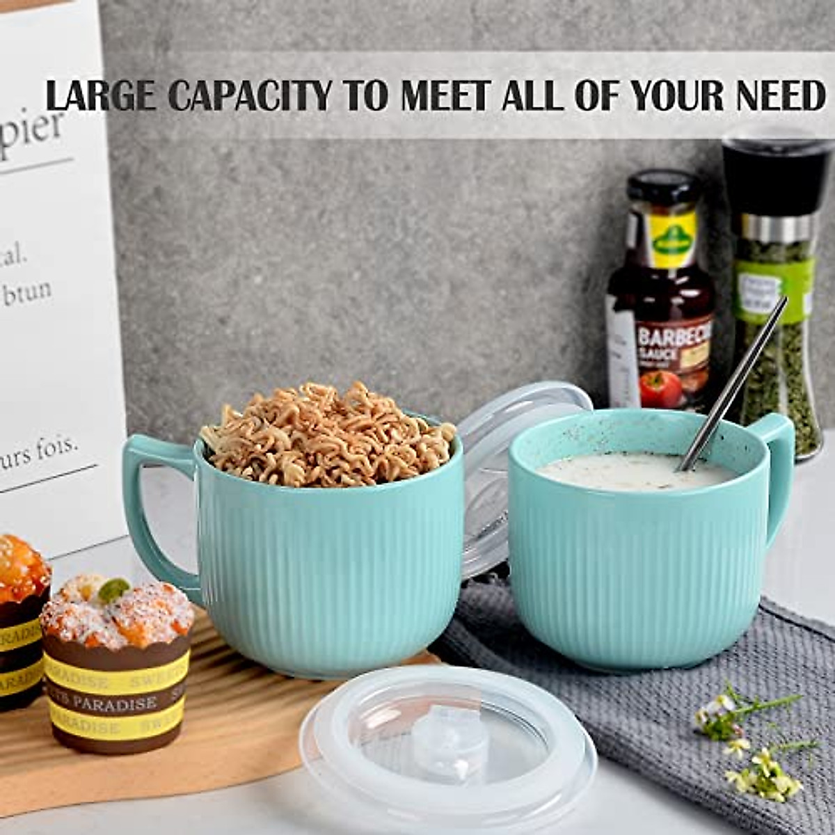 ZEBERBO Soup Bowls, 32 Ounce Soup Bowl with Handles, 2packs 5 inch Jumbo Soup Mug with Handle/Lid, Cereal Bowl for Oatmeal, Gumbo, Salad, Ceramic Soup Cup, Microwave & Oven Safe