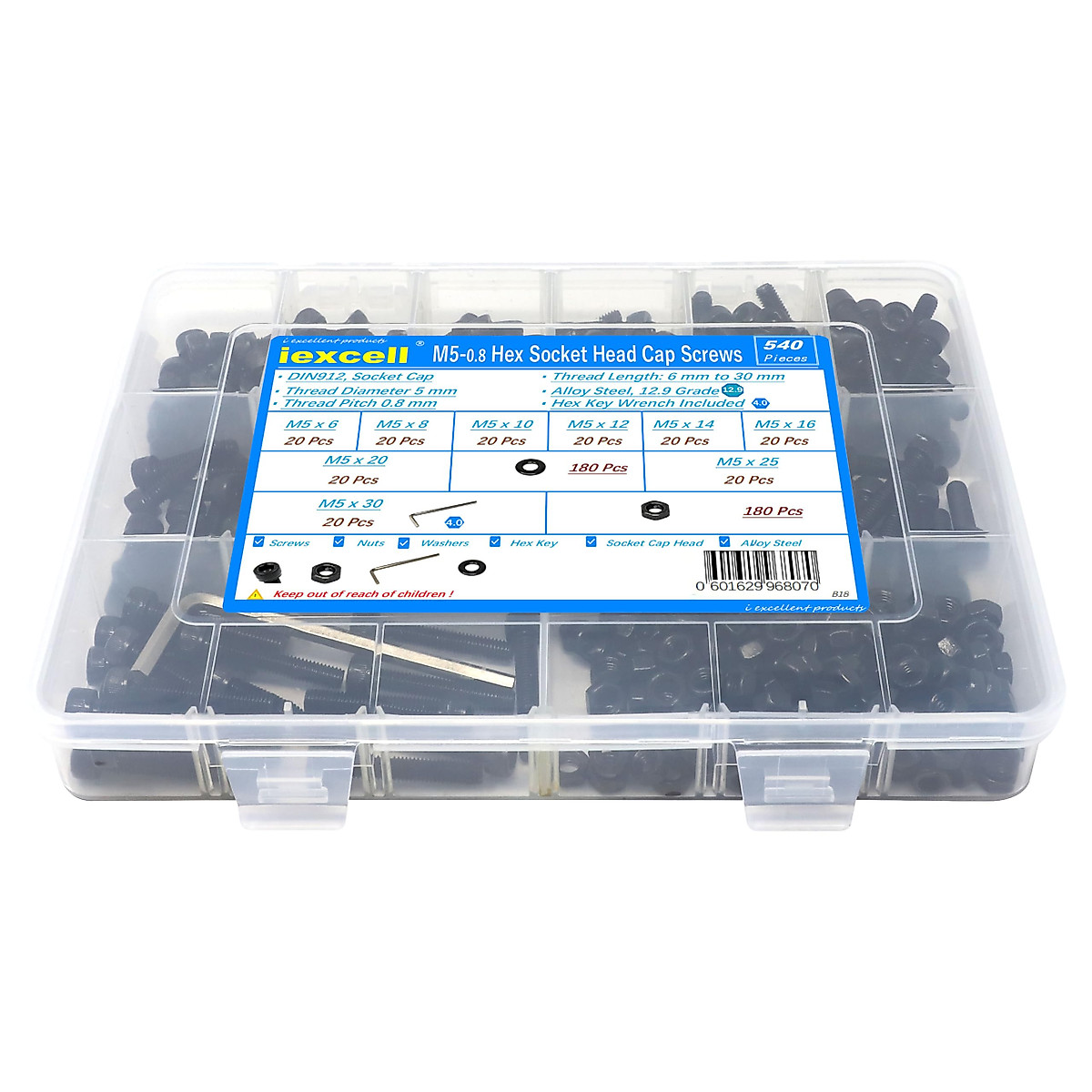 iexcell 540 Pcs M5 x 6/8/10/12/14/16/20/25/30 Alloy Steel 12.9 Grade Hex Socket Head Cap Screws Bolts Hex Nuts Washers Assortment Kit, Black Oxide Finish