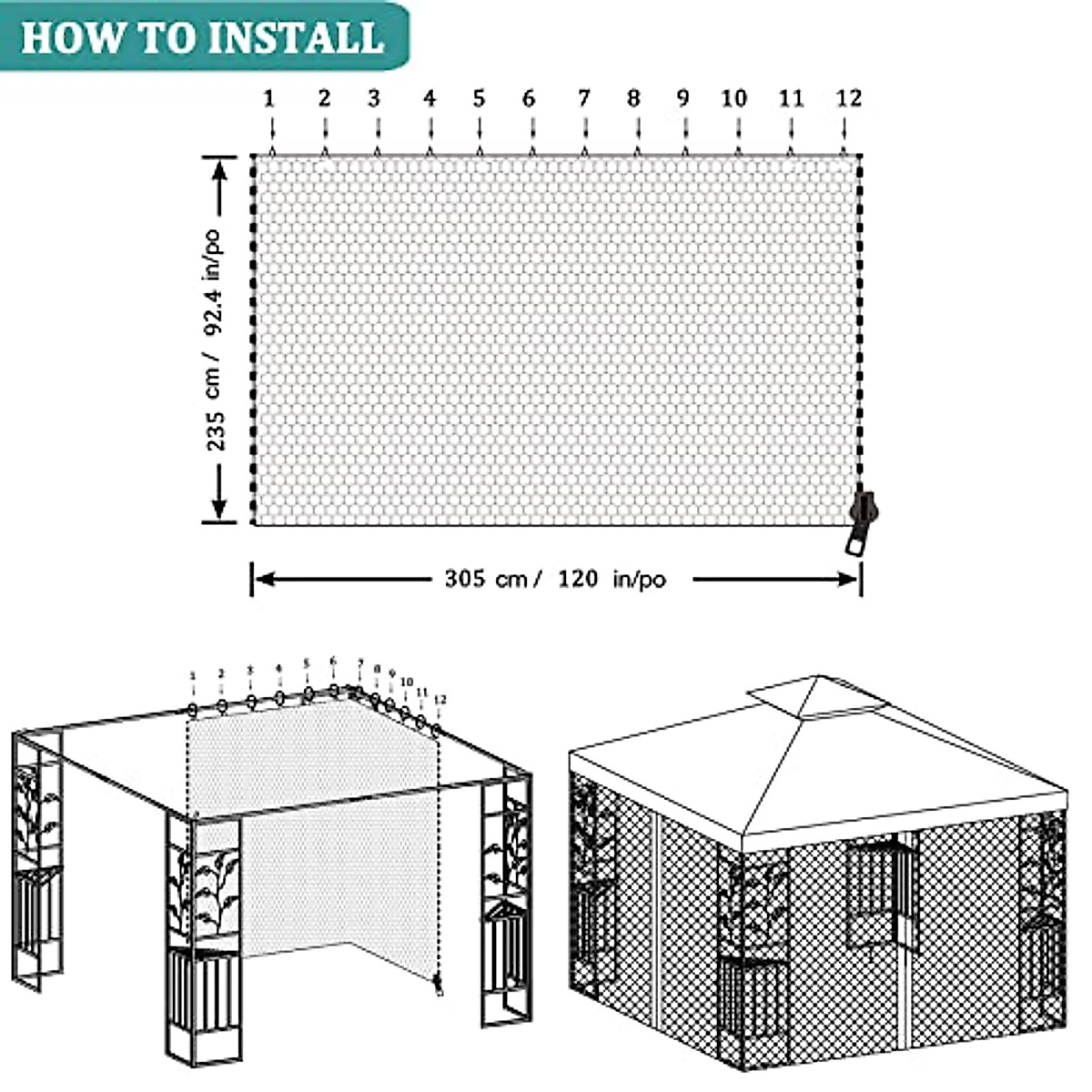 DURCOVER 10x10ft Universal Replacement Mosquito Netting, Universal Gazebo Netting with Zippers for Outdoor Garden Patio Gazebo 4-Panel Screen Sidewalls, Black (Mosquito Net Only)
