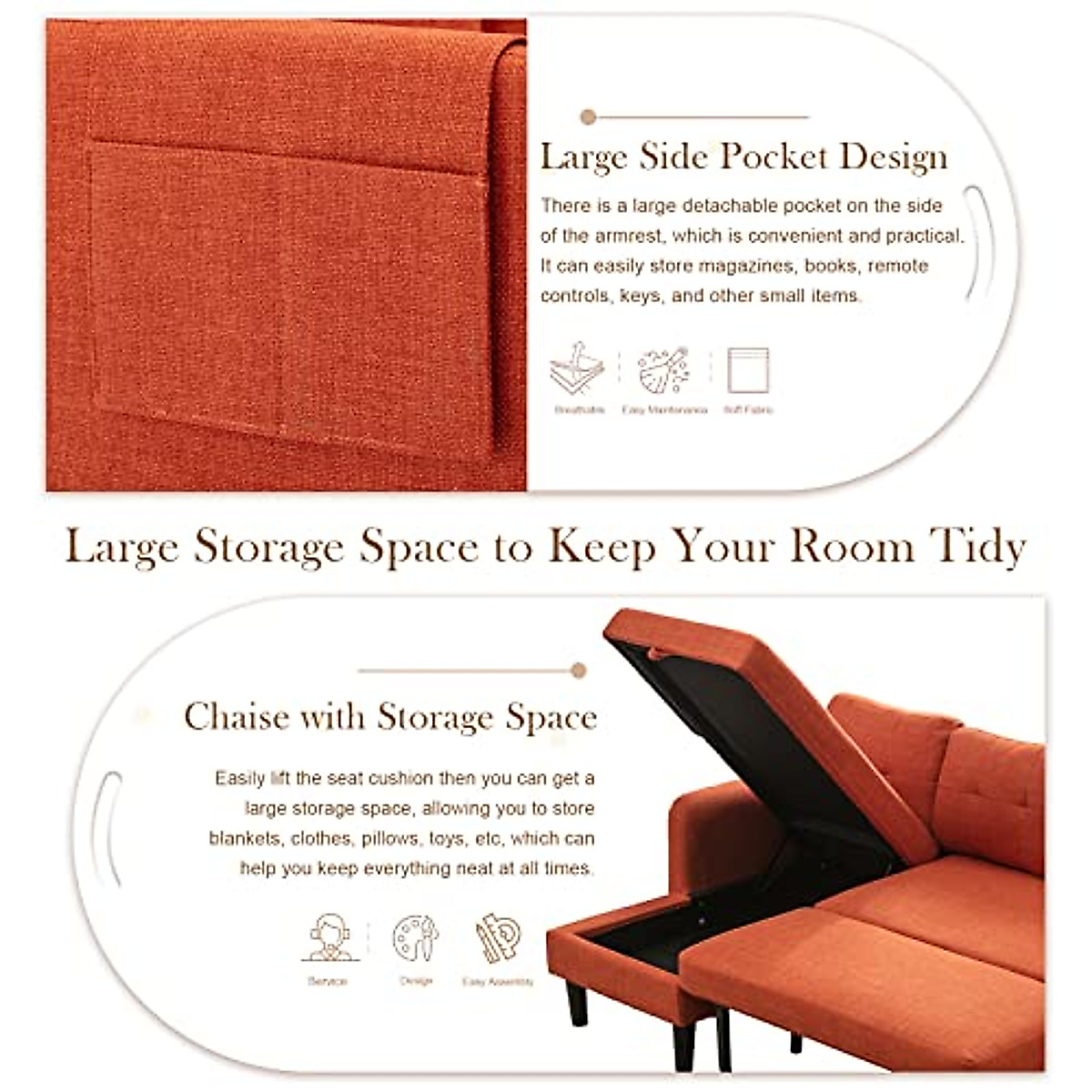 Modern Pull Out Sleeper Sofa Bed with Chaise, Comfy L Shaped Convertible Sleeper Couch with Storage and Pocket, Sectional 3 Seat Couch for Living Room Furniture or Home Office, Tufted Back - Orange