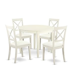 East West Furniture BOST5-LWH-LC 5 Piece Dining Set Includes a Round Dinner Table and 4 Faux Leather Kitchen Dining Chairs, 42x42 Inch, Linen White