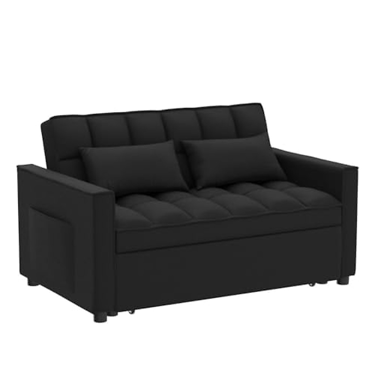 HABITRIO Loveseat with Pull-Out Sleeper Bed, Solid Wood Frame Black Velvet Upholstered 55" 2-Seater Sofa Couch w/3-Position Reclining Backrest, 2 Side Pockets, 2 Pillows, Furniture for Living Room