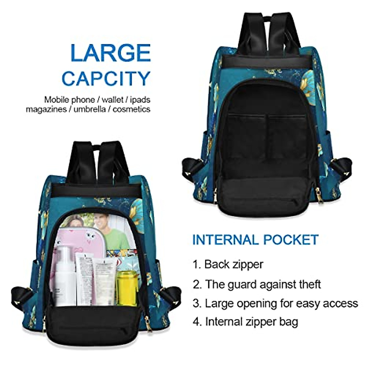 ALAZA Butterfly Golden Star Women Backpack Anti Theft Back Pack Shoulder Fashion Bag Purse