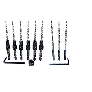 FTG Maximum Torque 6 Piece Same Size #10 (3/16") Pro Pack Countersink Drill Bit Set with 1 Depth Stop Collar 3/8" and 1 Hex Wrench plus 3 Piece Replacement Countersink Drill Bit Only with 1 Hex Wrench