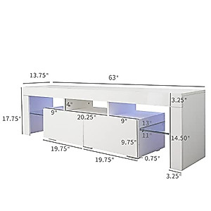 DMAITH White Modern LED TV Stand for 60/65/70 Inch TV, High Glossy Gaming Entertainment Center with 2 Large Storage Drawers, TV Media Center with Display Glass Shelves for Living Room, Bedroom, 003B