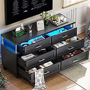 VIAGDO Dresser for Bedroom, 6 Drawer Dresser with LED Light, Modern Chest of Drawers, Wood Black Dresser for Living Room, Entryway and Hallway