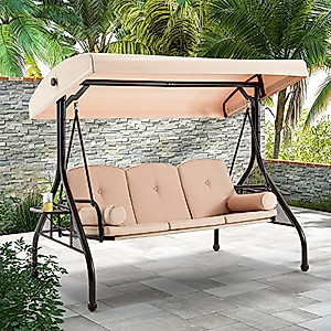 HOMREST 3 Seat Outdoor Porch Swing,Adjustable Canopy Porch Swings,Outdoor Swing with Stand, Patio Glider Chair with Thicken Cushions,Pillow & Cup Holder