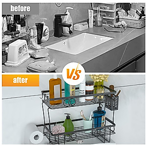 FOYKUED Over The Toilet Storage Shelf, 2-Tier No Drilling Small Bathroom Shelves Over Toilet with Storage Basket/Paper Holder/Hooks (Cast Iron, Matte, Black, 1 Pc)