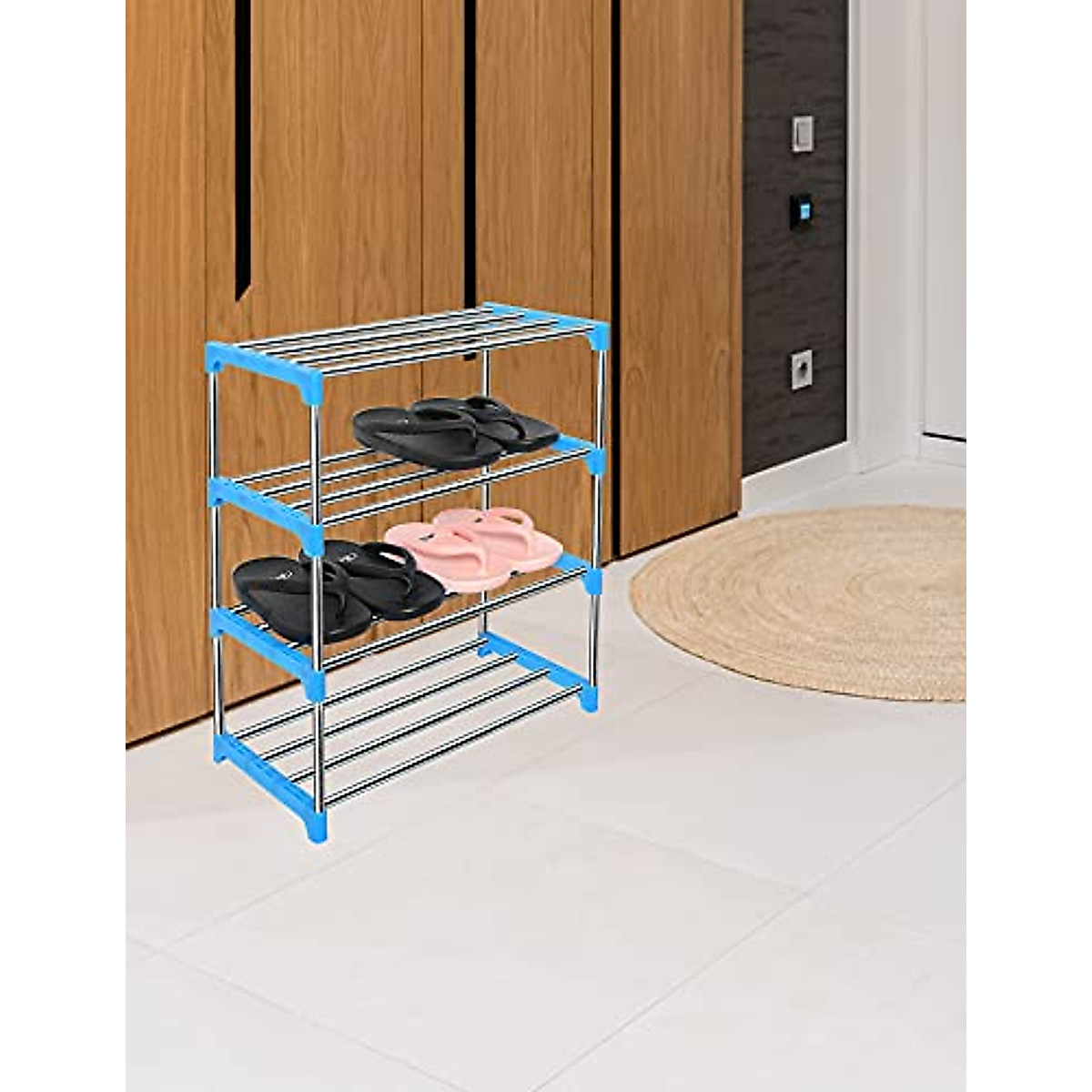 LNYZQUS Upgrade 4 Tier Small Shoe Rack, Kids Show Rack Closet Shoe Organizer,Compact Stackable Shoe Shelf Shoe Stand Floor Shoe Rack for Narrow Space,Zapateras Organizer for Shoes (Blue)